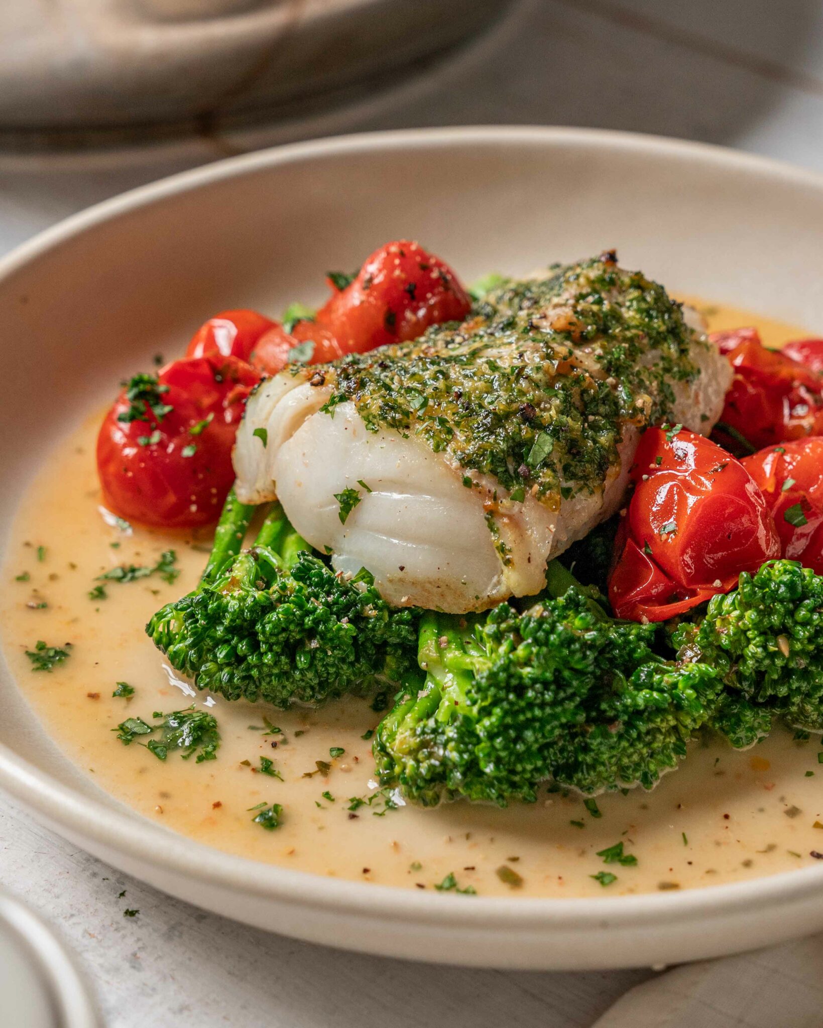 Roasted Cod with Buttery Cherry Tomato Sauce & Greens | Culinary Cartel